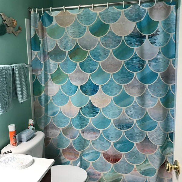 Mermaid Scales Shower Curtain, Blue Teal Coastal Bathroom Decor - Etsy