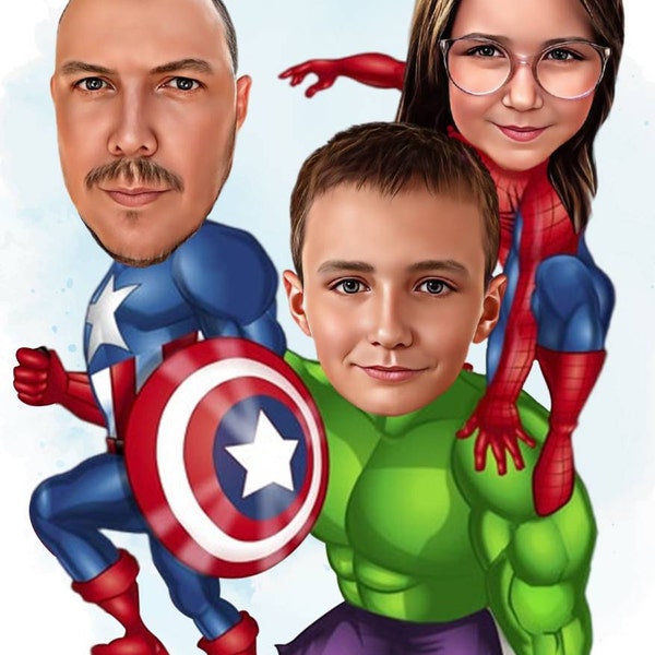 Custom Super Dad and Son Cartoon Portrait, Super Dad Portrait, Dad's ...