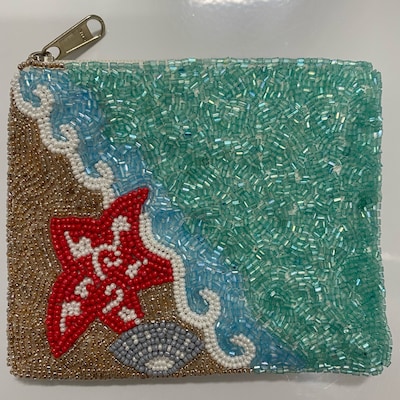 Handmade Seed Beaded Beachy Starfish Shell Coin Bag Purse Boho Tropical ...