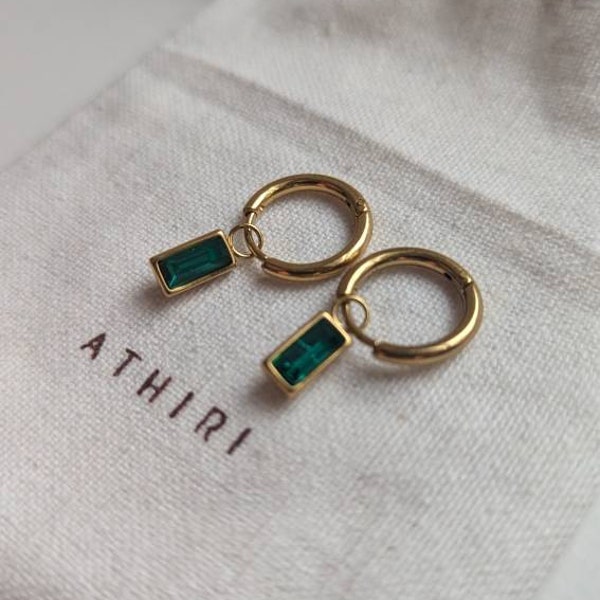 Dainty 18k Gold Plated Emerald Huggies | Hypoallergenic | Green ...