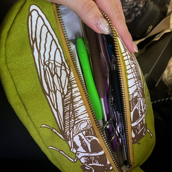 Cicada Zipper Pouch: Hand Screenprinted Cotton Canvas Pencil Bug Insect ...