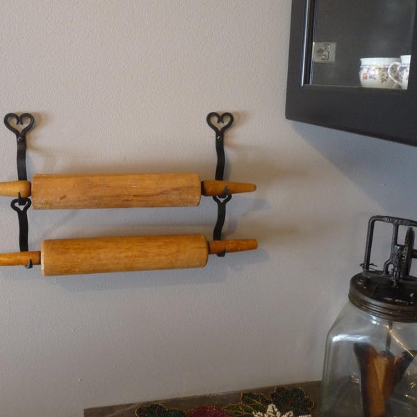 Blacksmith Wrought Iron Rolling Pin Hooks Heart Top Starter Pair ...