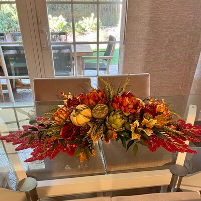 Fall Dining Table Arrangement, Sunflower-pumpkin Arrangement, Autumn ...