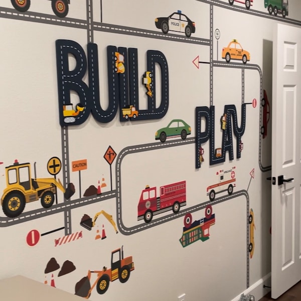 Wall Decals Cars, Trucks, EMS Vehicle and Construction Vehicles, Gray ...