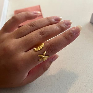 Starfish and Shell 18k Gold Plated Ring, Beach Ring, Surfer Ring ...