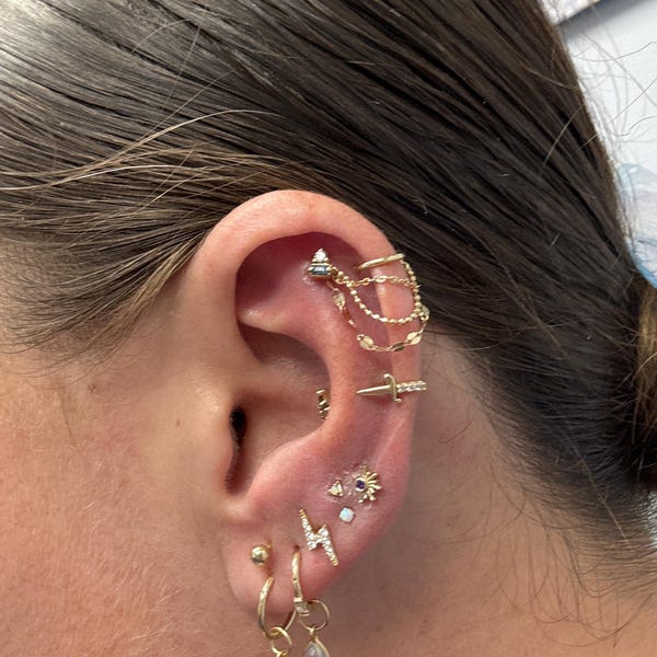 14k Solid Gold Lightning Bolt Cartilage Earring/threadless Push Pin ...
