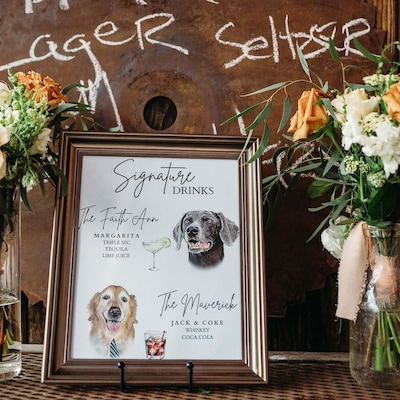 Dog Signature His and Hers Drinks, Signature Sign With Pet Portrait and ...