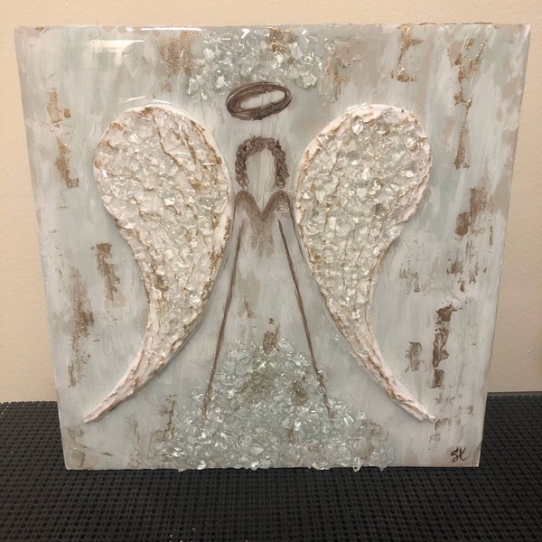 Textured Front Angel With Glass, Block Art, Glass Art, Crushed Glass ...