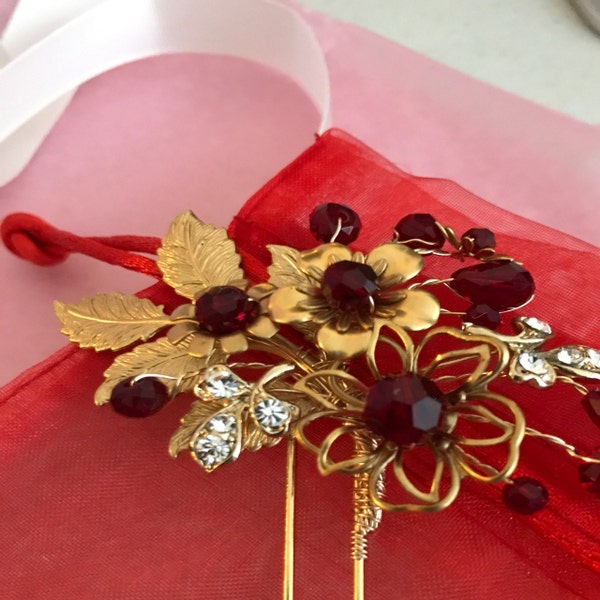 Red and Gold Hair Pin With Swarovski Crystals • Modern Tea Ceremony ...