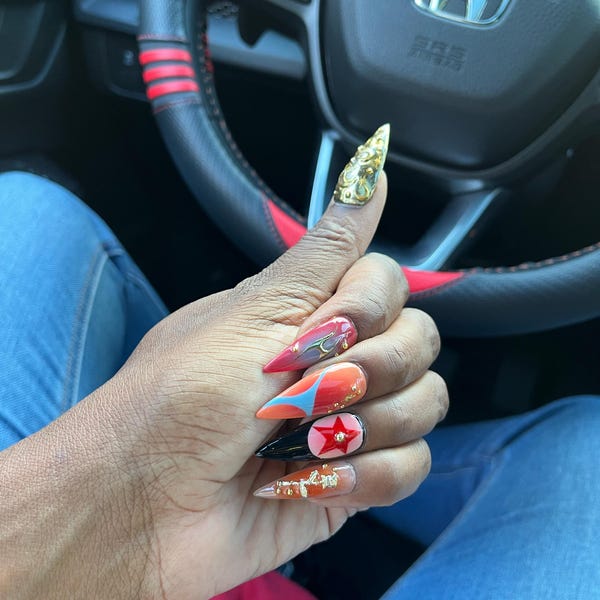 Bold Color Airbrush Long Stiletto Press on Nails, 3D Glam Goth False ...