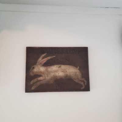 Handmade Primitive Folk Art Easter Spring White Rabbit Inn Bunny Print ...