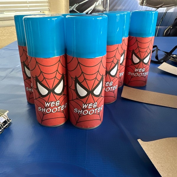 Spiderman Web Shooter Silly String Labels: Superhero Party (instant ...