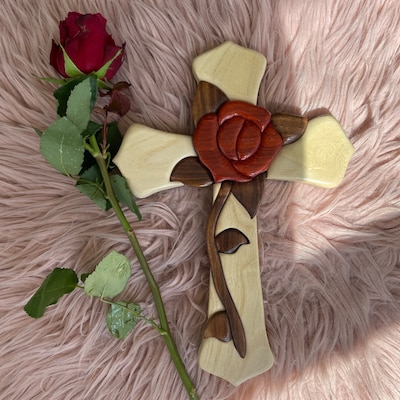 Lily Cross , Wooden Cross, Intarsia Cross, Intarsia Wooden Art, Wooden ...