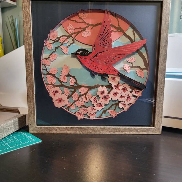Bird Shadow Box SVG Template: Flowers, Moon, 3D Paper Cut (digital ...
