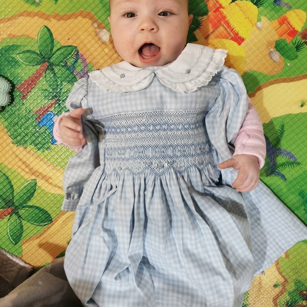 Baby Girls Hand Smocked White Spot Winter Poly Cotton Dress Size ...