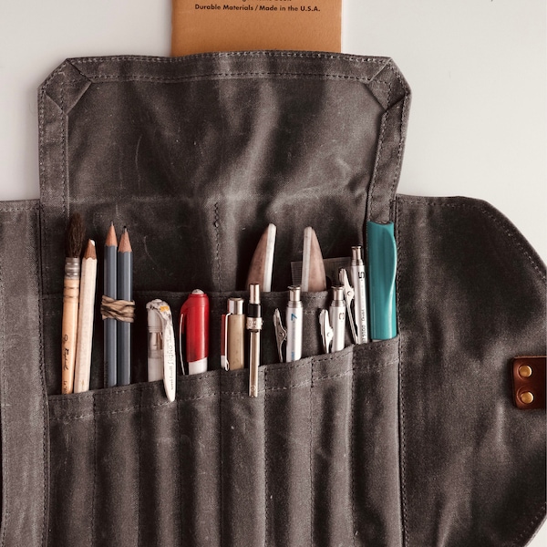 Roll up Mini Pencil Case, Pen Roll, Waxed Canvas and Leather, 12 ...