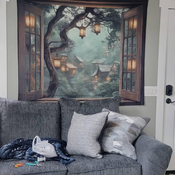 Enchanted Forest Window Tapestry Art Fantasy Forest Wall Art Enchanted ...