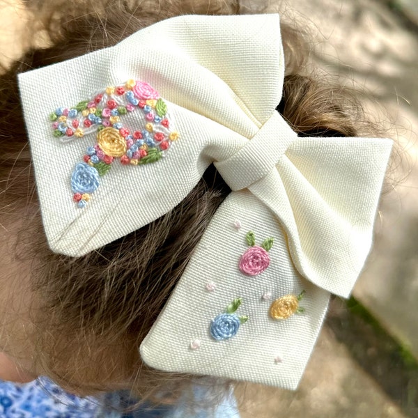 Initial Hand Embroidered Bow, Custom Name Bow, Floral Hair Bow, Baby ...