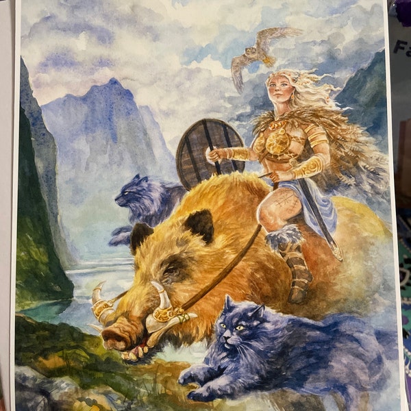 Freyja Large Print | Norse Goddess and Boar Hildisvíni Cats | Freya Art ...