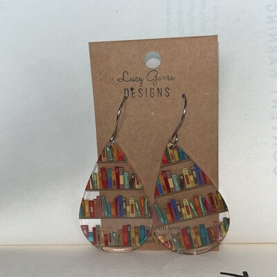 Clear Acrylic Bookshelf Teardrop Earrings, Librarian Earrings, Book ...