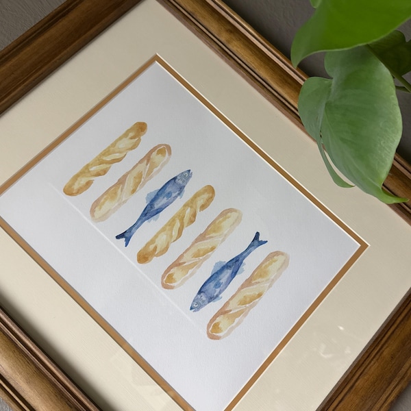 Fish and Loaves Watercolor Print, Jesus Feeding 5000, Christian ...