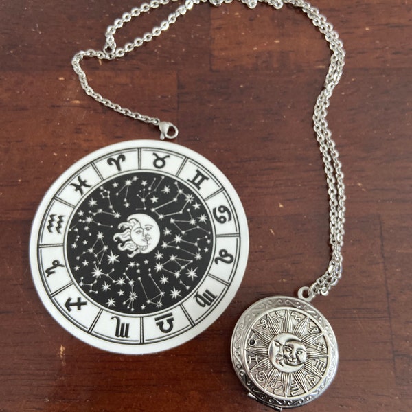 Zodiac Photo Locket Necklace Stainless Steel Necklace Chain Moon Sun ...