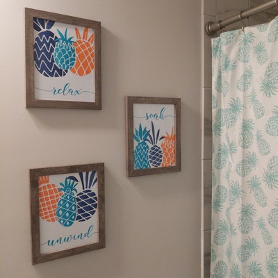 Relax Soak Unwind Pineapple Theme Bathroom Art // Aqua Gray - Etsy