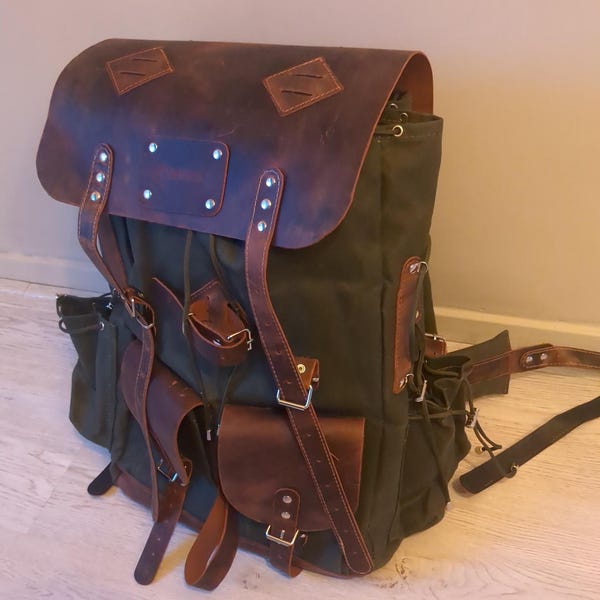 50L | Camping Backpack | Green | Custom | Camping Rucksack | Leather ...