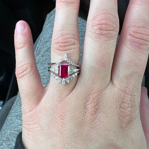 Emerald Cut Ruby Ring Set/ruby Engagement Ring Set for Women/sterling ...