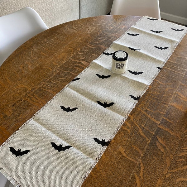 Halloween Burlap Table Runner, Halloween Black Bats Runner, Halloween ...