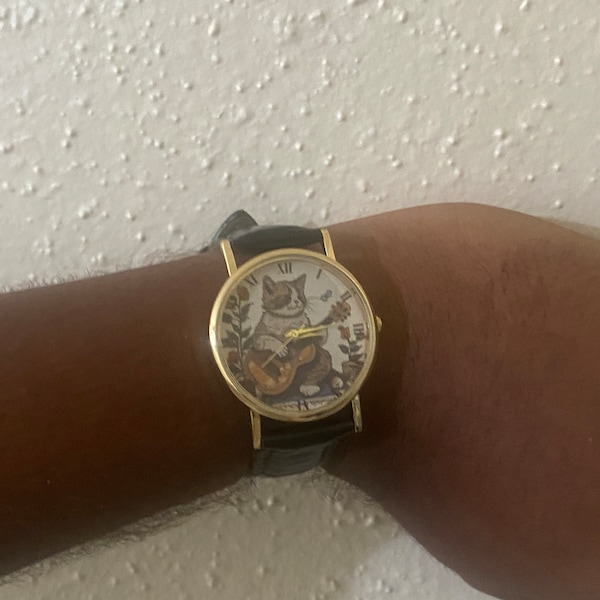 Cute Cat Playing Guitar Leather Watch, Cat Music Ladies Watch, Unisex ...
