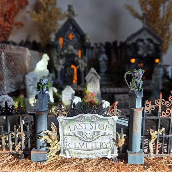 Last Stop Cemetery 1:12 Scale Graveyard PAPER Miniature Sign Spooky ...