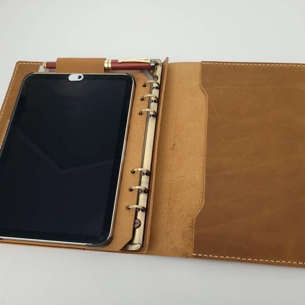 Leather iPad Mini Binder Cover With A5 Paper Pad,6-ring A5 Binder Folio ...