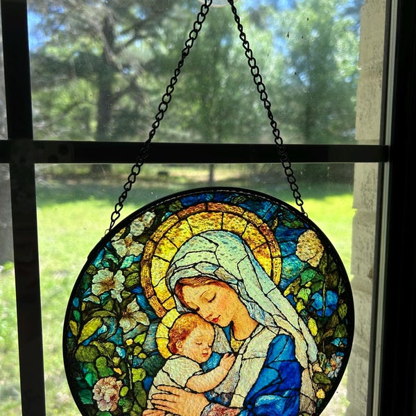 Virgin Mary Stained Glass Suncatcher, Christian Wall Art, Baby Jesus ...