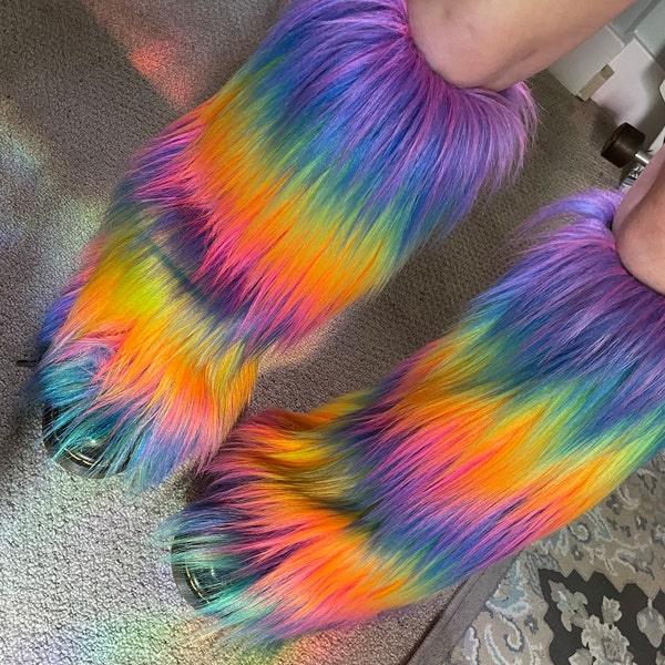 RAINBOW Rave Fluffies, Fuzzy Leg Warmers Rave Furry Boot Covers ...