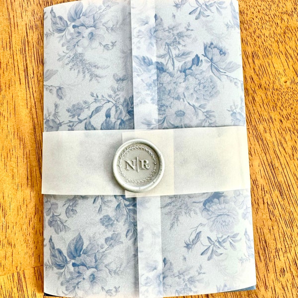 French Blue Toile Wedding Vellum Wrap, Light Blue Vellum Jacket, Floral ...