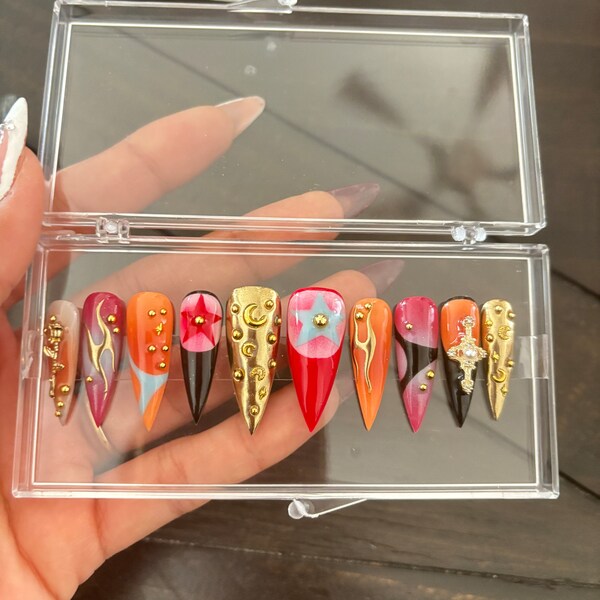 Bold Color Airbrush Long Stiletto Press on Nails, 3D Glam Goth False ...