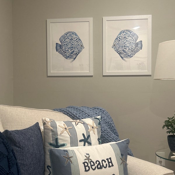 Navy Blue Coral Seaweed Wall Art Set of 3 Prints, Minimalist Watercolor ...
