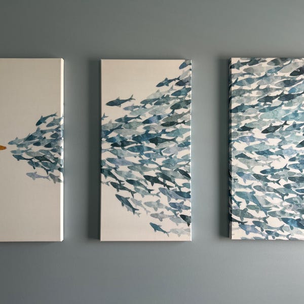 Modern Abstract Fish Shoal Wall Art Canvas Print, Colorful Fish Herd ...