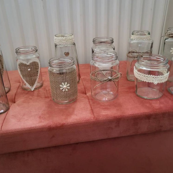 12 Jam Jar Table Centrepiece Jute Band and a Pearl Rustic/vintage Style ...