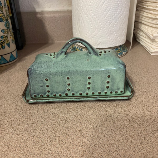 Covered Butter Dish With Lid Rustic Aqua Mist French Country Home Decor ...