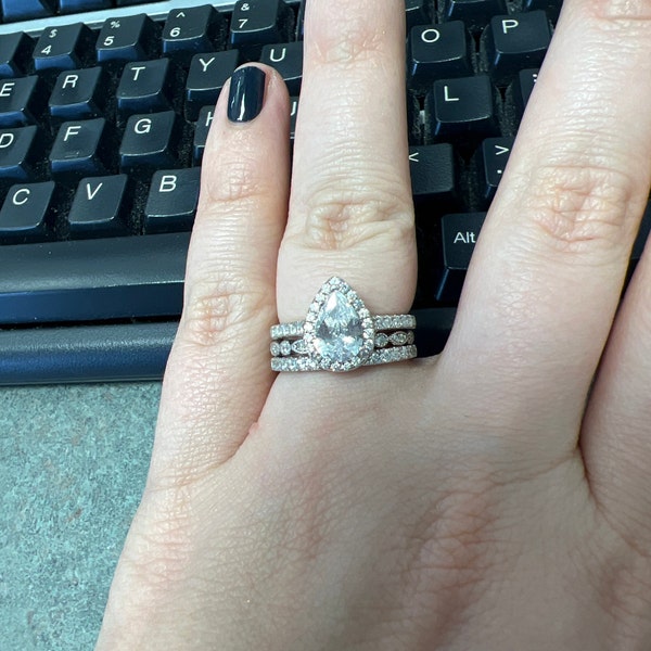 3.0 Ctw Pear Shaped Wedding Ring Set. Halo Wedding Ring. Teardrop ...