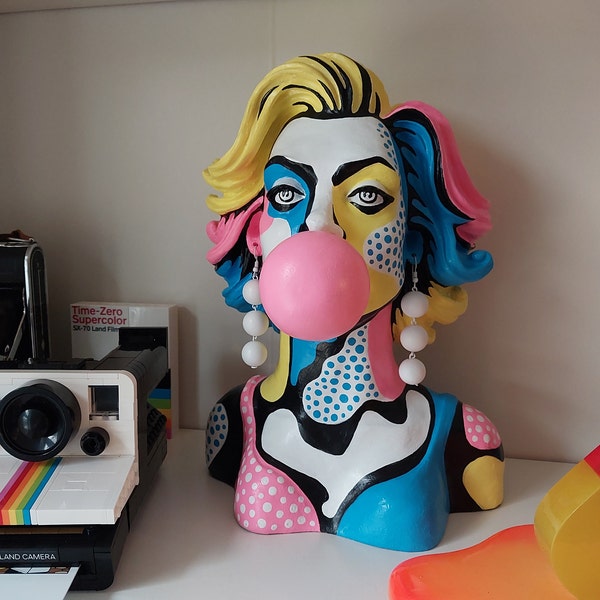 Pop Art Woman Bust With Gum, Modern Orange Haired Handmade Statue ...