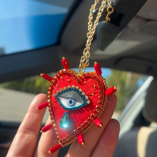 Heart Car Charm With Sacred Heart Design - Boho Car Accessories, Boho ...