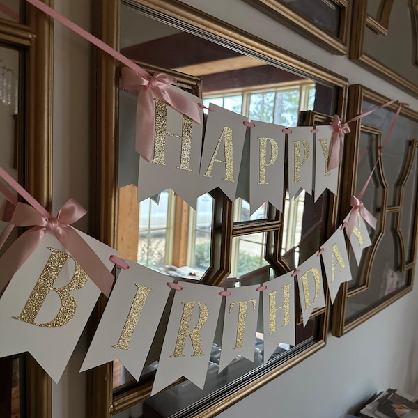Blush Pink & Gold Birthday Banner With Bows - Etsy