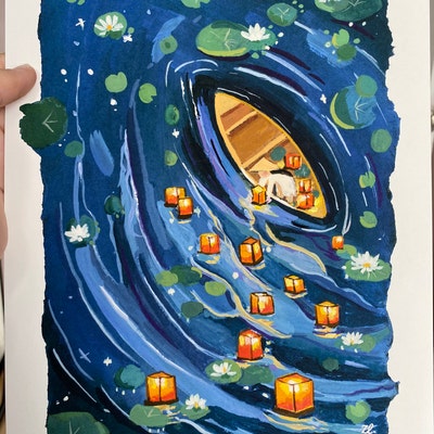 Floating Lanterns on the River Lantern Painting Night Sky Illustration ...