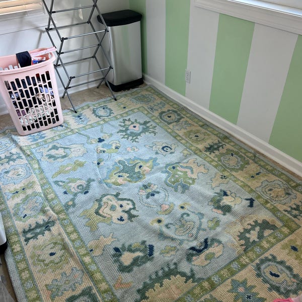 9'X12' Blue and Green Rug, Oushak Rug With Ivory, Olive Green & Light ...