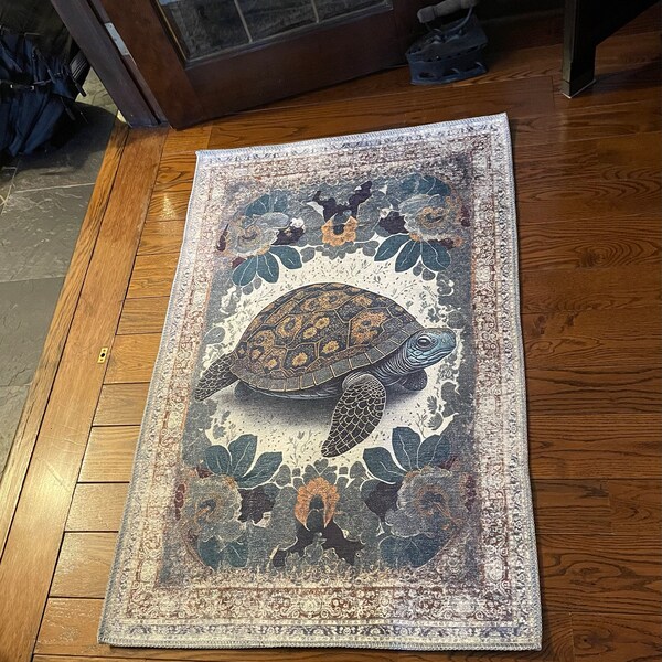 Sea Turtle Decor Rug, Vintage Art Deco Turtle and Flowers Rug, Beach ...