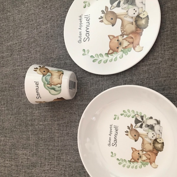 Kindergeschirr, personalisiert, Dschungeltiere, Kinderteller mit Namen, Taufgeschenk, Geschenk ...