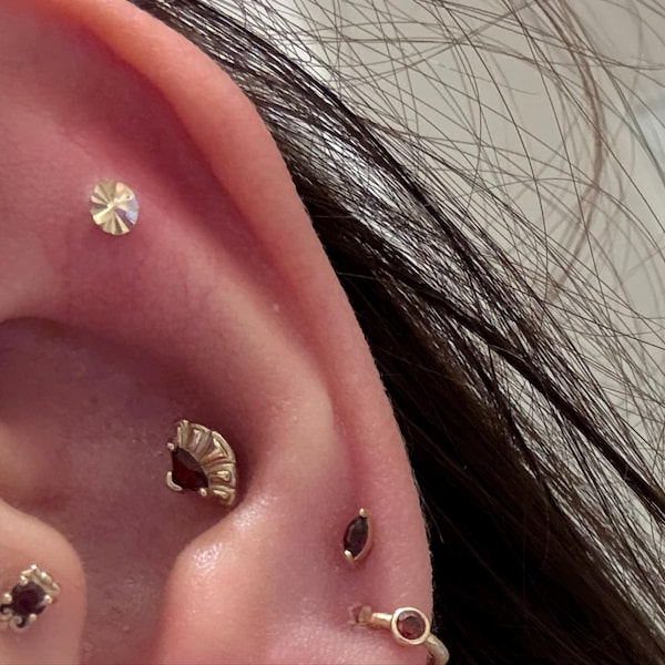 14K Solid Gold Moss Agate Piercing, Gold Garnet Dainty Earring ...